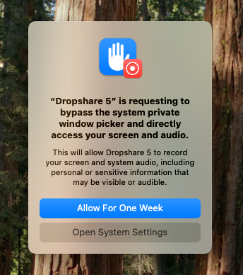 "Dropshare 5" is requesting to bypass the system private window picker and directly access your ...